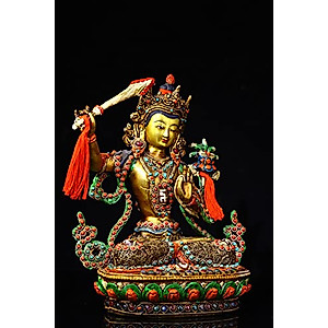 9" Tibetan Temple Collection Old Bronze Outline in Gold Painted Mosaic gem Dzi Beads Manjushri Worship Buddha Town House