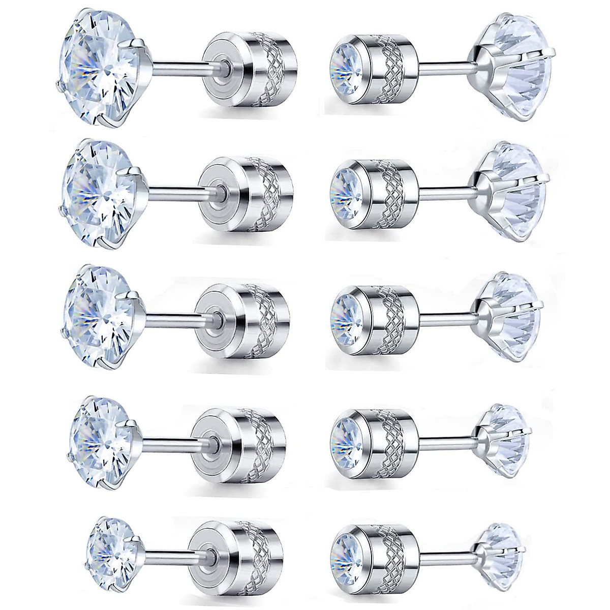 5 Pairs White Gold Plated Moissanite Earrings For Women Stainless Steel 2-6MM Round Cut Moissanite Stud Earrings For Men Women