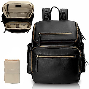 Omanmoli Diaper Bag Backpack Baby Diaper Bag Leather with 17 Diaper Bag Organizing Pouches,Changing Pad,Stroller Straps,4 Insulated Pockets,Black