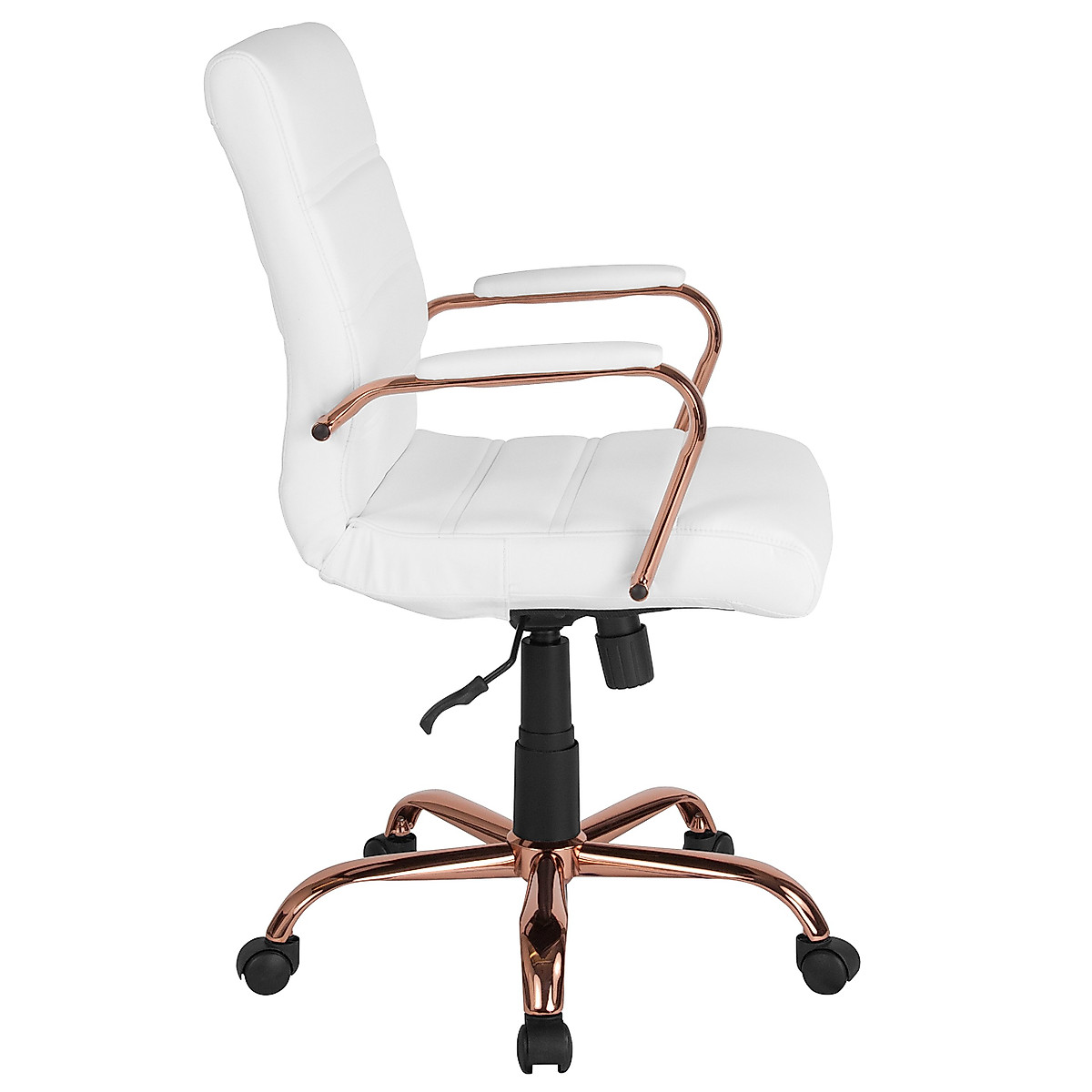 EMMA + OLIVER Mid-Back White LeatherSoft Executive Swivel Office Chair - Rose Gold Frame/Arms