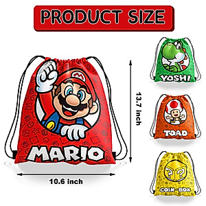 YOPENMOUNE 12 Pieces Mario Candy Drawstring Bag Drawstring Goodie Favor Bags for Boys and Girls Cartoon Birthday Party Decorations