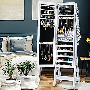 YOKUKINA Mirror Jewelry Cabinet Standing, Large Storage Jewelry Armoire, Full-Length Frameless Mirror with Jewelry Storage, 12 LED Lockable Standing Jewelry Organizer (White)