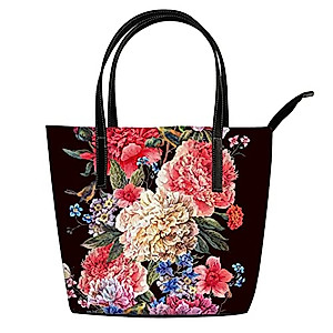 Vintage Boho Pink Peonies Floral Tote Bag for Women Leather Handbags Women's Crossbody Handbags Work Tote Bags for Women Coach Handbags Tote Bag with Zipper.