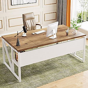 Tribesigns 63 inches Computer Desk with Bottom Storage Shelf Home Office Desk Writing Table for Workstation,Dark Walnut + Steel Leg， Cabinet not Included (Light Walnut, 63-inch-with Shelf)