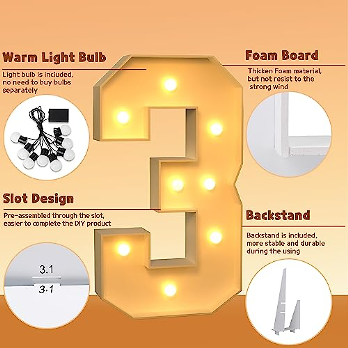 imprsv 3FT Marquee Light Up Numbers, Marquee Numbers for 30th Birthday Decorations Anniversary Party Decor, Mosaic Numbers for Balloons Number 3, Marquee light up letters, Pre-Cut Foam Board Kit