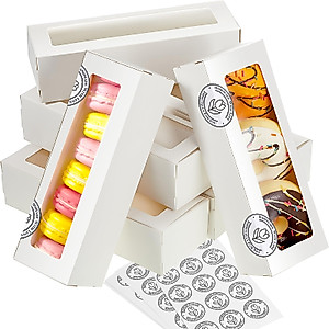 Sherr 100 Pcs Macaron Boxes with Window Macaron Gift Box for 6 Macaron with 200 Pcs Stickers Long Baking Boxes Rectangle Treat Boxes for Dessert Pastry Packaging for Home DIY Baking Gift(White)