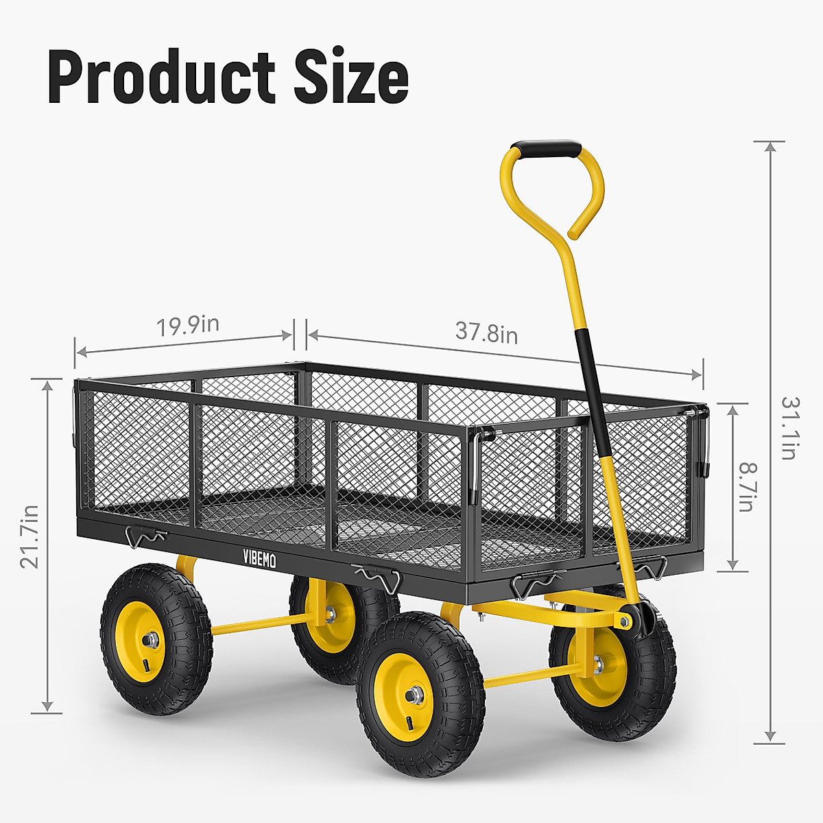 Vibemo Steel Garden Cart, 2-in-1 900 lbs Heavy Duty Utility Wagon, with Removable Mesh Sides to Convert into Flatbed, 240° U-Turn 10" Pneumatic Tires Garden Wagon for Farm Yard Lawn Garden Camping
