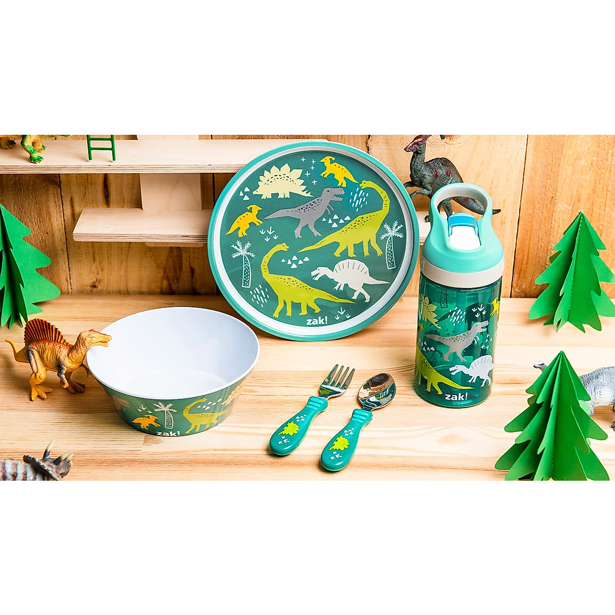 zak! Dinosaur - 5-Piece Dinnerware Set - Durable Plastic & Stainless Steel - Includes Water Bottle, 8-Inch Plate, 6-Inch Bowl, Fork & Spoon - Suitable for Kids Ages 3+