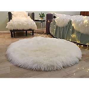 Woolous Round Genuine Sheepskin Rug, Soft Shaggy Area Rug, Home Decorative Rug, Circular Bedroom Fluffy Rug, 3x3 ft