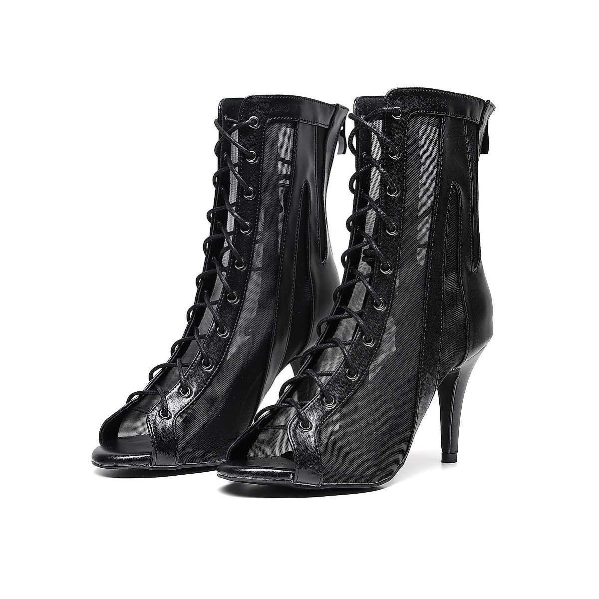 Goettin open toe dance boots sexy black microfiber net 8.5cm high heel dance shoes women (7.5)