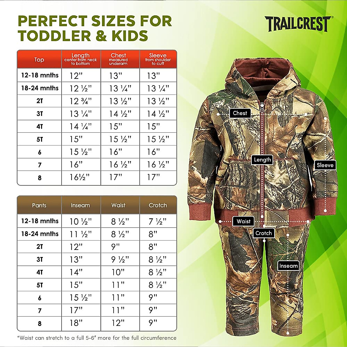 TrailCrest by Treel Infant-Toddler Cotton Full Zip Hoodie Sweatshirt Jacket & Pants Set Tracksuit, 5T, Camo
