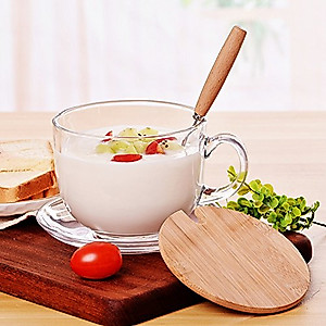 16oz Morning Mug Clear Glass Tea Cup Coffee Mug with Bamboo Lid and Saucer,Spoon