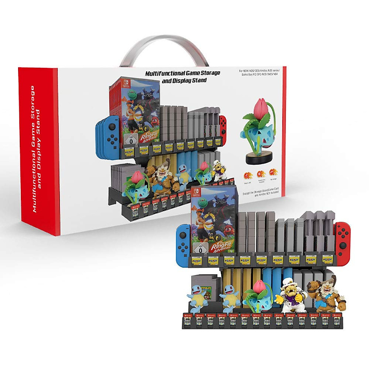 Skywin- Retro Cartridge Game Holder Compatible with Nintendo Gameboy, Video Game Storage, NES, N64, and 3DS Games, Includes Slots for Switch Tablet, Joycon Controllers, and Amiibo Display