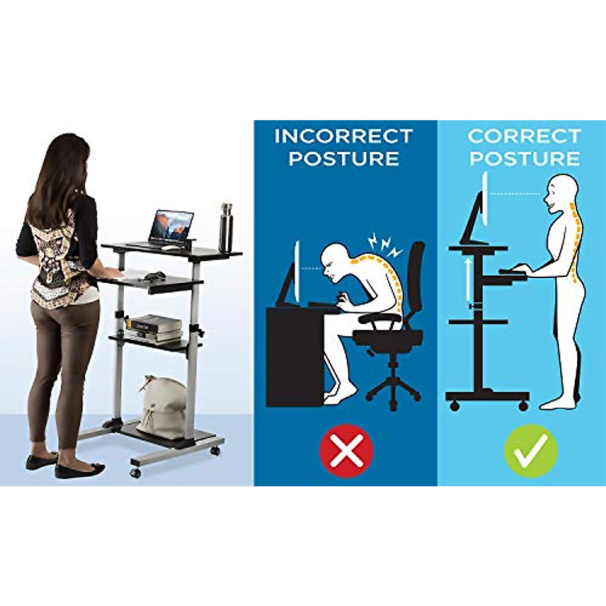 Mount-It! Mobile Standing Desk/Height Adjustable Stand Up Computer Work Station | Rolling Presentation Cart with 27.5 Inch Wide Platform, Locking Wheels