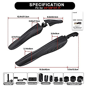 TAGVO Bike Fender Set, 3 Parts-Universal Full Cover Thicken Widen Bicycle Mudguard Set Mountain Bike Front and Rear Mud Guard Portable Adjustable Bike Fender Mudflap for MTB Mountain Road Bike