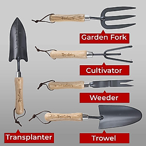 OCALIVING Garden Tool Set- Gardening Tools -Planting Trowel, Fork, Weeder, Transplanter, Rake & 6 pocket Storage Bag -Heavy Duty Gardening Kit- Gardening Gift Women Men -Wood Handle Tools