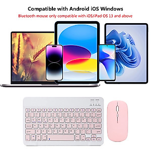 Rechargeable Bluetooth Keyboard and Mouse Combo Ultra-Slim Portable Compact Wireless Mouse Keyboard Set for Android Windows Tablet Cell Phone iPhone iPad Pro Air Mini, iPad OS/iOS 13 and Above (Pink)
