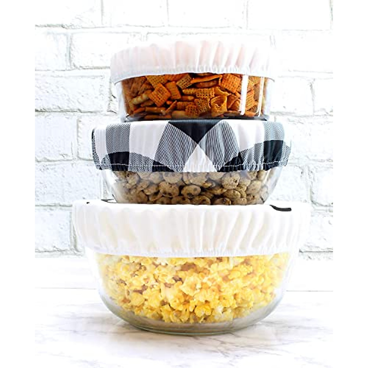 AuldHome Reusable Fabric Bowl Covers (Set of 3); Rustic Farmhouse Themed Black and White Stretchy Cloth Bowl Covers