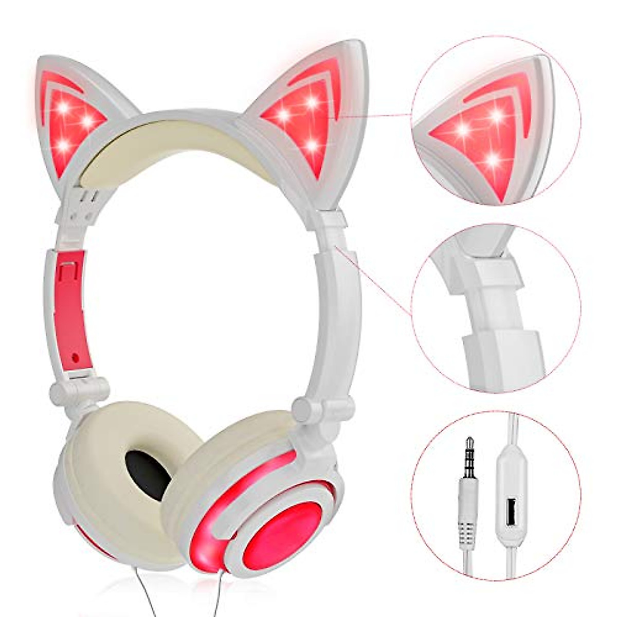 Olyre Wired Kids Cat Headphones with Microphone,Adjustable On-Ears Stereo Foldable LED Cute Kitty Gift Headset for Girls/Boys/Women/Teens Compatible with Computer Tablet PC iPad Smartphone (Pink)