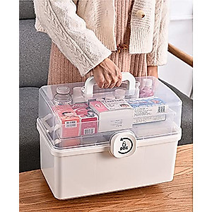 Sooyee Craft Organizers and Storage,Plastic Box with 3-Tier Fold Tray and Handle,Portable Lockable Container for Arts, Crafts,Cosmetic, Sewing, Toy, Washi Tape, Lego,13.4x7.5x8.9 in,Clear/White