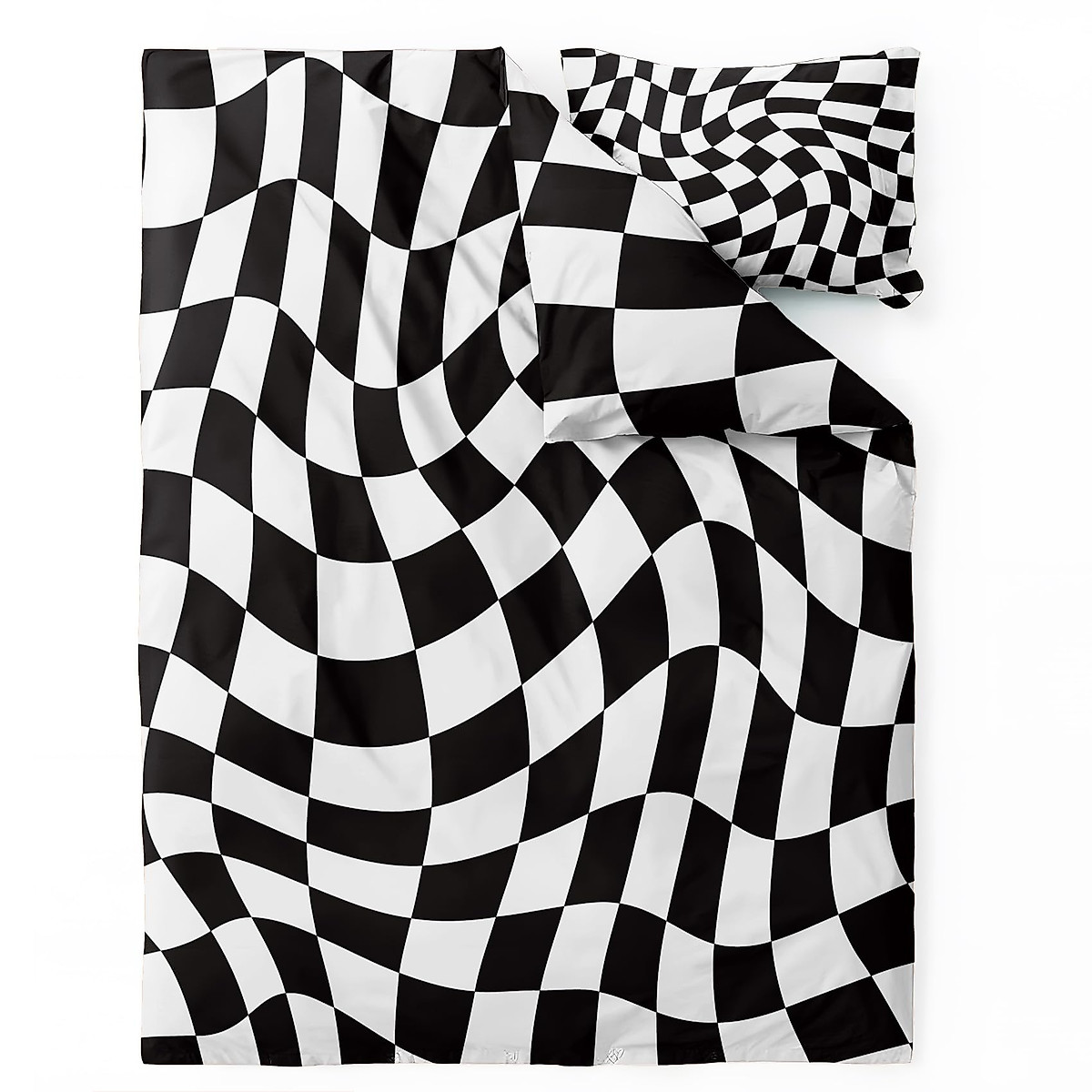 Optical Illusion Duvet Cover Twin, Black and White Checkered Geometric Checkerboard Psychedelic Bedding Set & Bedroom Decor - Breathable Microfiber, 2 Pillow Shams, with Zipper Closure & Corner Ties
