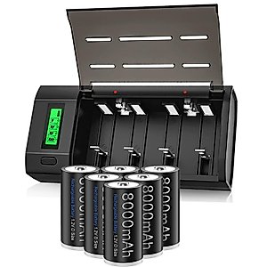 Palowextra Premium Rechargeable D Cell Batteries with Charger, 6 Pack 1.2v NiMH D Size Batteries with Universal Battery Charger for AA AAA 9V D C Rechargeable Batterie (D Size)