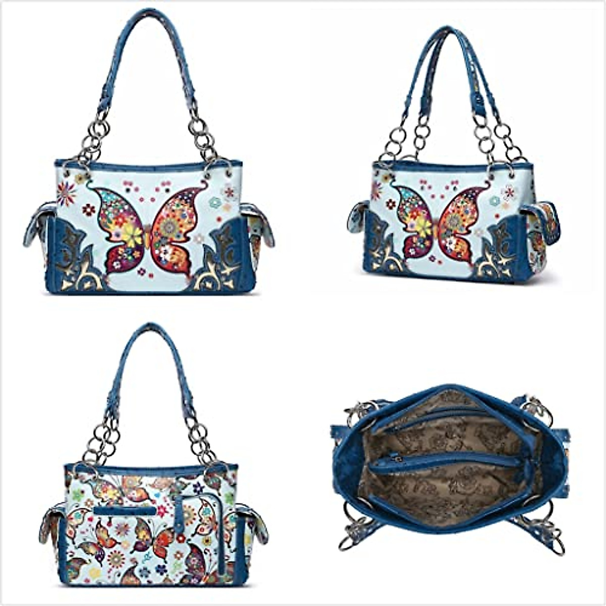 Butterfly Floral Western Purse Country Handbag Women Shoulder Bag Crossbody Wallet Card Holder 4 PCS Set (#2 Blue)