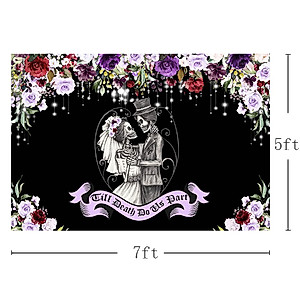 MEHOFOND 7x5ft Halloween Till Death Do Us Part Backdrop for Spooky Wedding Gothic Bridal Shower Background Violet Floral Mr and Mrs Bride and Groom Skull Anniversary Party Decorations Photo Props
