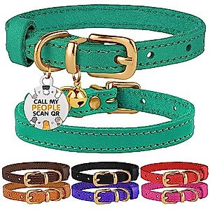 BRONZEDOG Leather Cat Collar with Bell Non Breakaway Kitten QR Tag for Girl Boy (7" - 9" for Cats, Green & Gold)