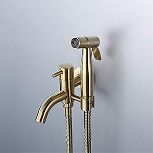 MINJING Bidet Faucet, Single Cold Toilet Hand Held Bidet Sprayer, Brushed Gold Solid Brass Douche Kit, Stainless Steel,A Set