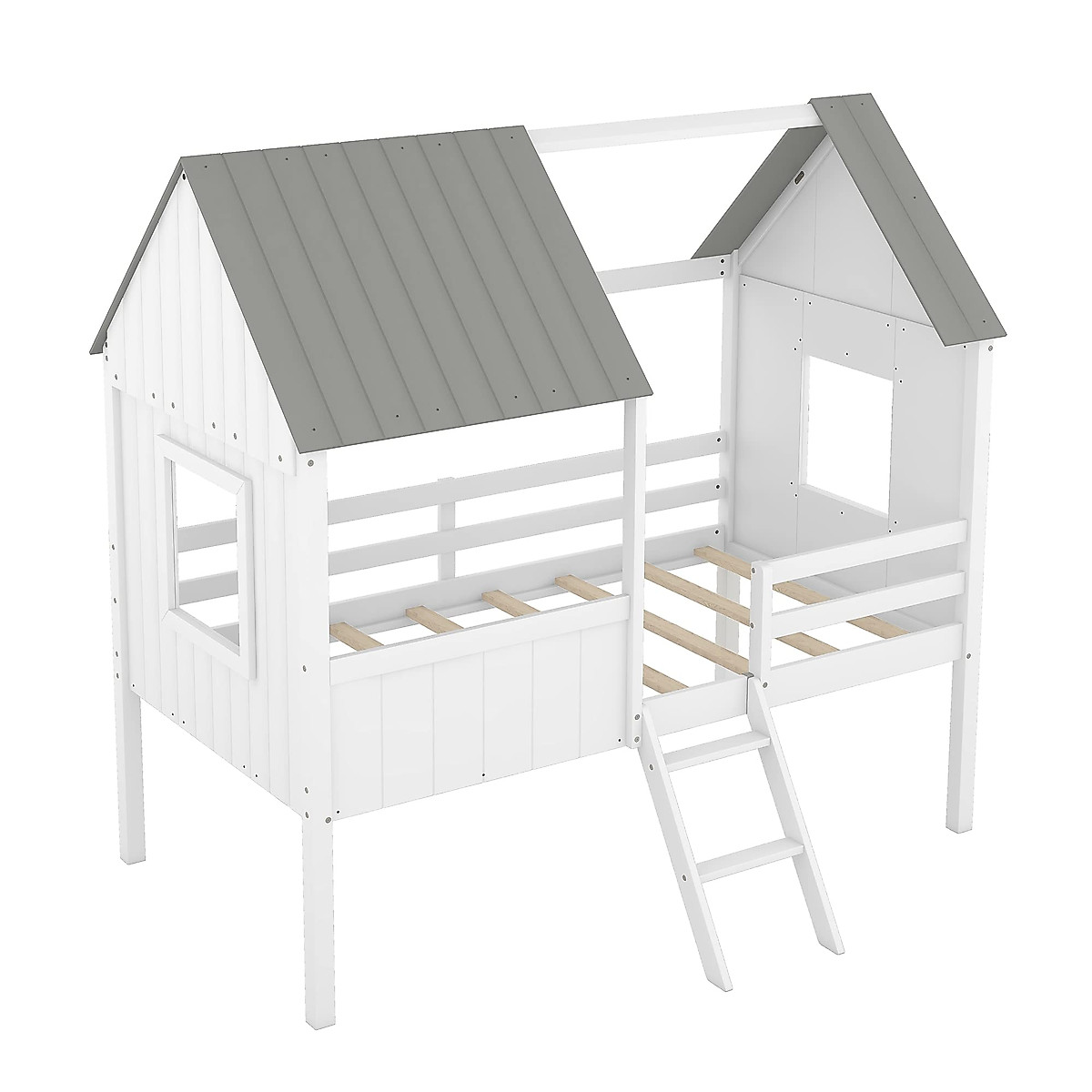 Harper & Bright Designs House Twin Bed for Kids, Low Loft Bed Frame Twin Size, Wood Kids Twin House Bed with Two Side Windows and Roof for Kids,Teens, Girls & Boys, No Box Spring Needed (White+Gray)
