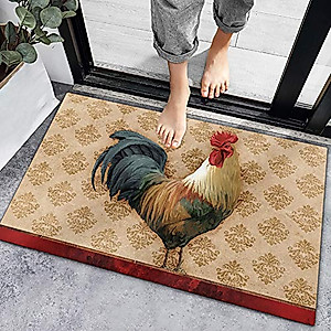 Atsbh Farmhouse Cock Rooster Door Mat, Non-Slip Bath Rugs Welcome Entrance Doormat Thin Floor Mats Retro Floral Backdrop Rug for Front Door Bathroom Kitchen Entry Decor18x30 inch