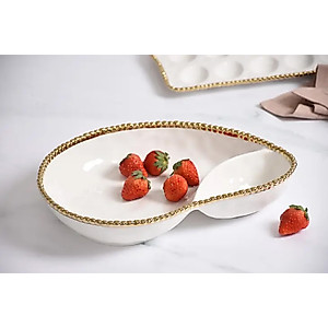 Pampa Bay Titanium-Plated Porcelain 2 Section Serving Piece, 13.8 x 9 Inch, Gold/White Tone, Oven, Freezer, Dishwasher Safe