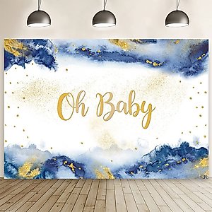 MEHOFOND 7x5ft Soft Fabric Oh Baby Backdrop for Boys Royal Blue Watercolor Pastel Clouds Baby Shower Photography Background Blue Clouds Gold Glitter Dots Party Decorations Cake Smash Photo Props