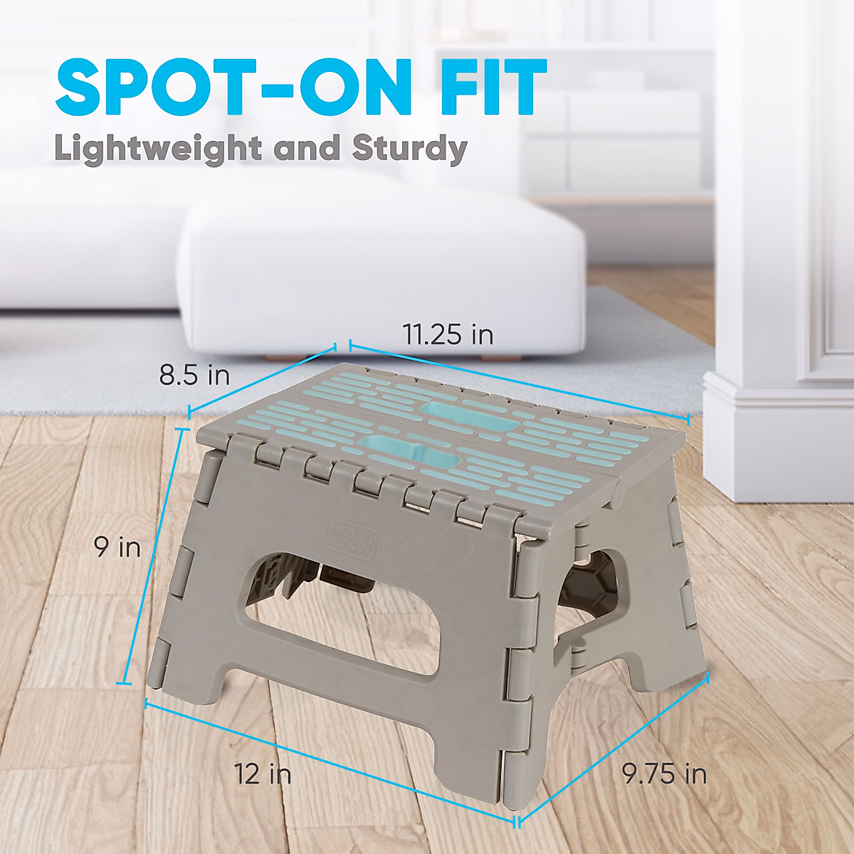 BLACK+DECKER 9'' Folding Step Stool, Foldable Collapsible Step Stools for Adults Holds Up to 330 lbs, Compact Non-Slip Surface with Carry Handle for Kitchen, Bedroom, Garden, Bathroom, Gray/Teal