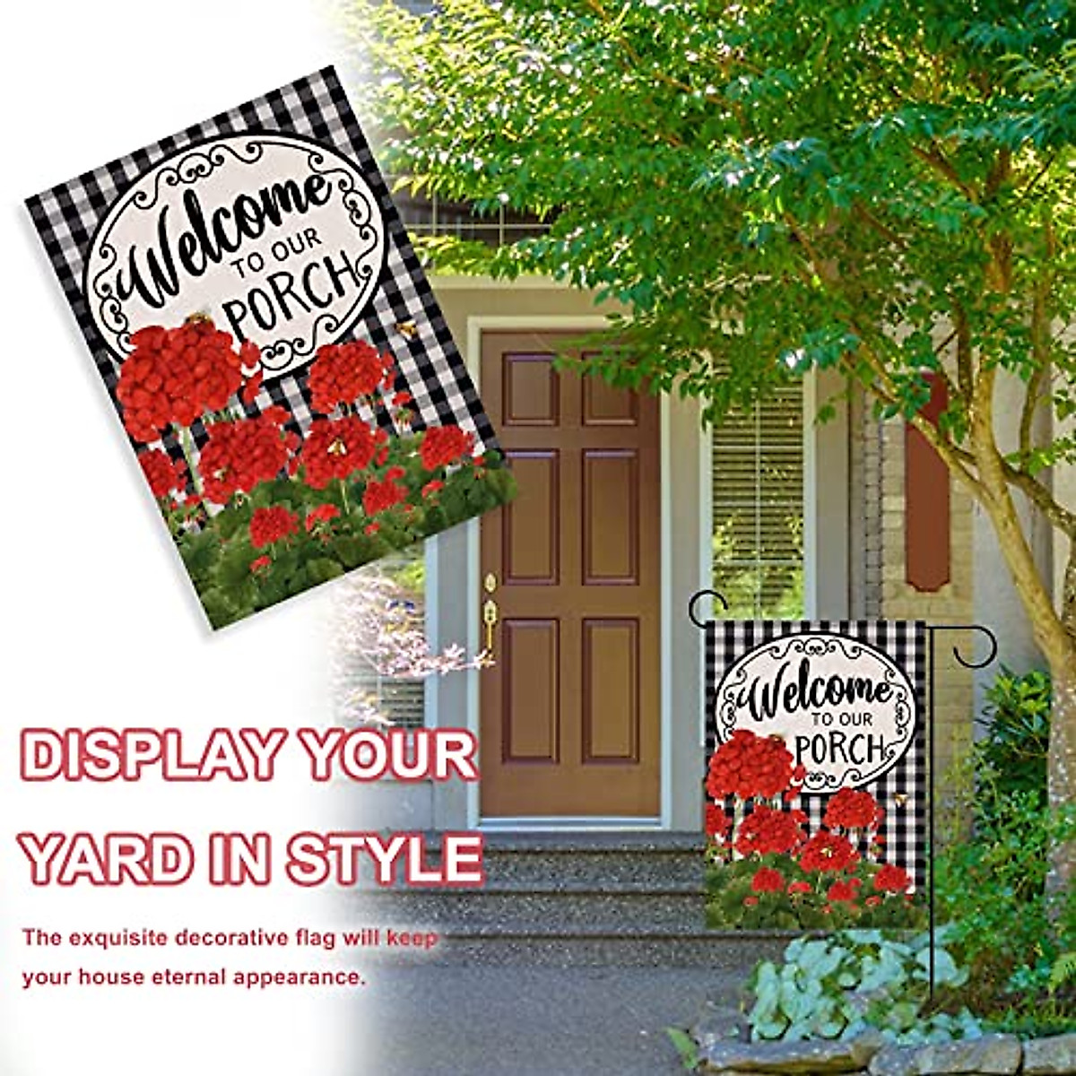 Covido Home Decorative Welcome to Our Porch Geranium Spring Summer Garden Flag, Red Flower Black White Buffalo Plaid Check House Yard Outside Decoration Fall Autumn Farmhouse Outdoor Small Decor 12x18