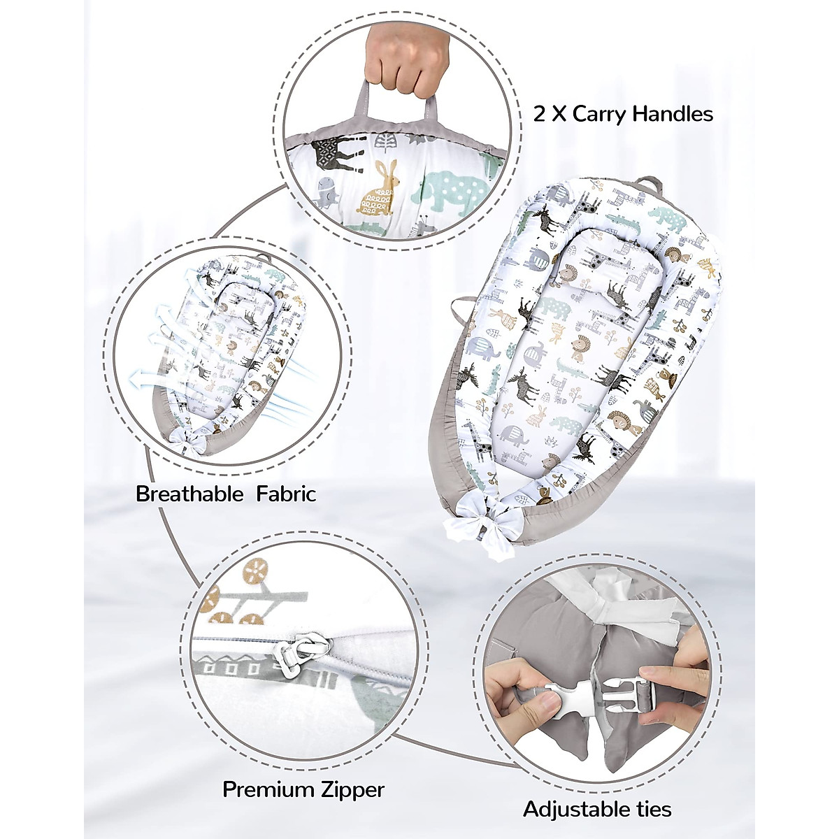 GIEFRNE Baby Nest Baby Lounger Newborn Bassinet Mattress for Baby 0-12M Portable Infant Floor Seat Co-Sleeping Baby Registry Search (Animal)