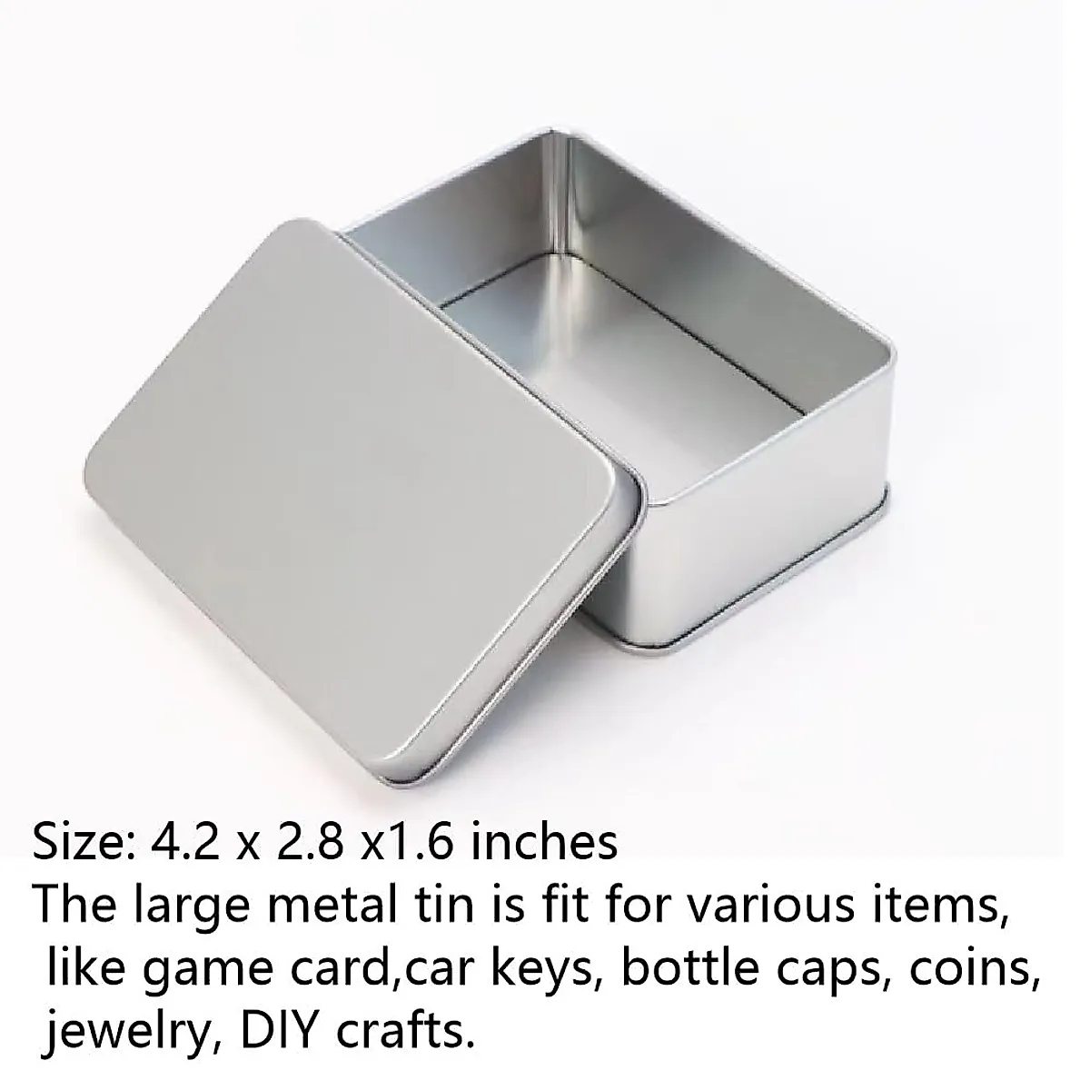 DKAOVH 2Pcs Silver Metal Tin Box with Lid,Large Multipurpose Tin for Cards,Jewelry, Crafts, Cookies, Pills, Gifts and More (4.2 x 2.8 x1.6 inches)
