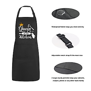 Jpayxese Funny Cooking Aprons for Women with Pockets, Black Queen of the Kitchen Apron Cute Gifts for Wife Grandma Mom Girlfriend (queen of One Size