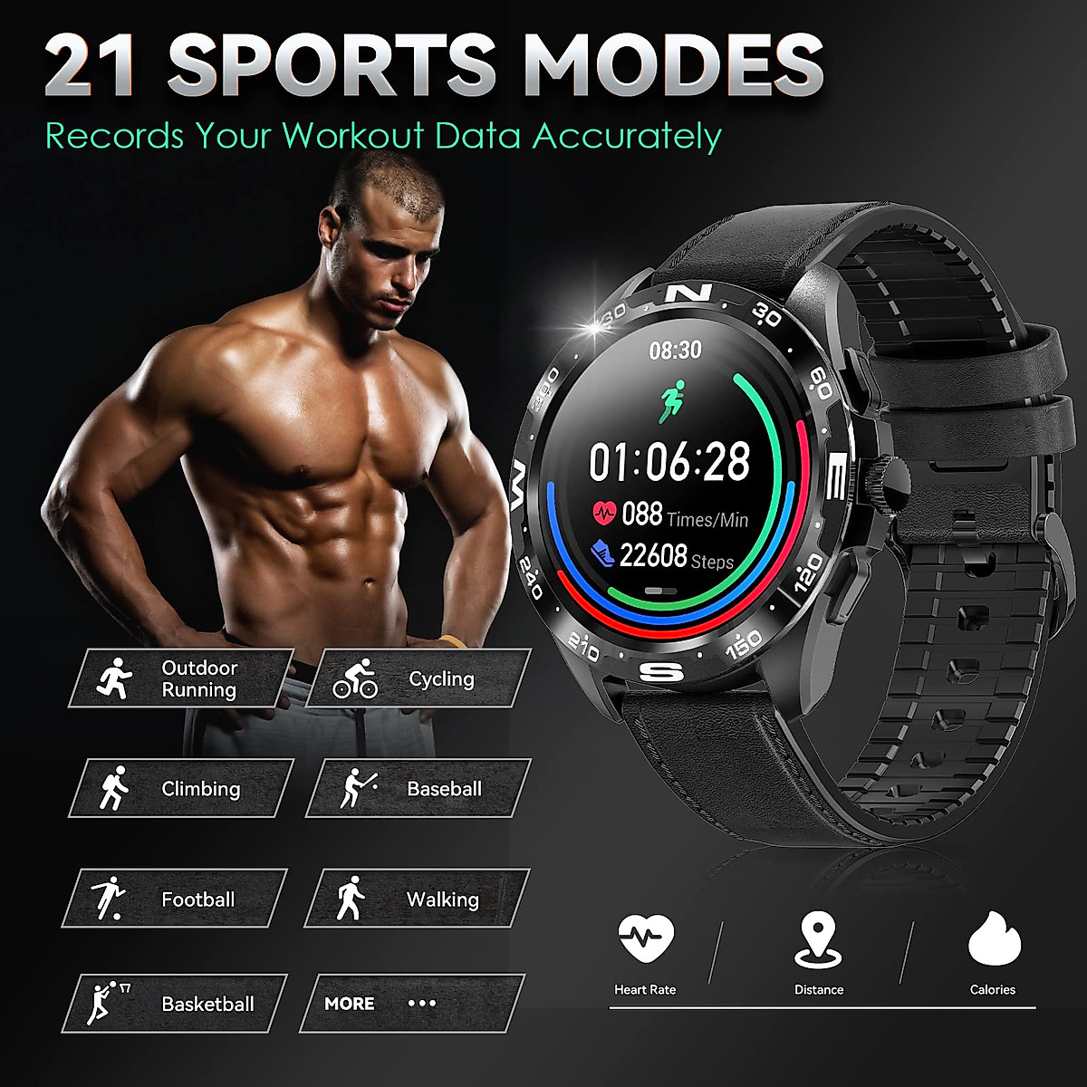 Smart Watch for Men Call Receive/Dial 1.32" HD Full Touch Screen Sports Smartwatch Compatible with iPhone Android Phone Waterproof Fitness Tracker with Bluetooth Calling Heart Rate Sleep Monitor