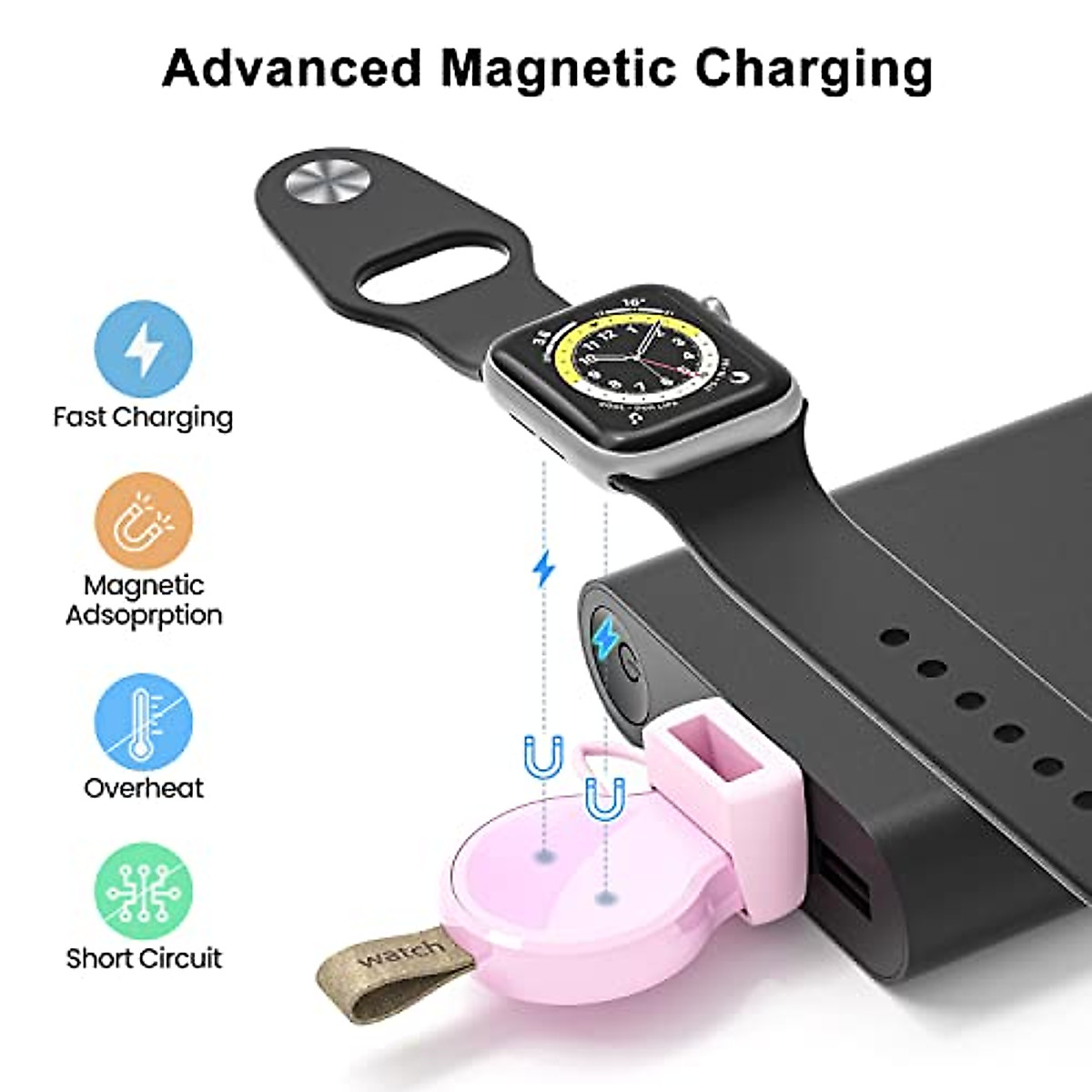 LVFAN Charger for Apple Watch, Portable iWatch Charger USB Wireless Charger Fast Charging Magnetic Cordless Car Travel Charger for Apple Watch Series 8 7 6 5 4 3 2 1 SE (Pink)