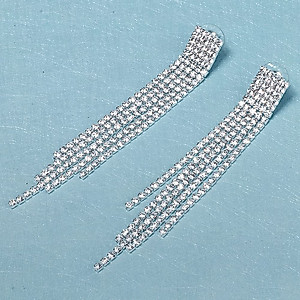 Mlouye Dangle Earrings for Women, Rhinestone Earring Dangling Long Tassel Crystal Chandelier Drop Earrings for Prom Party Silver Tone Clear