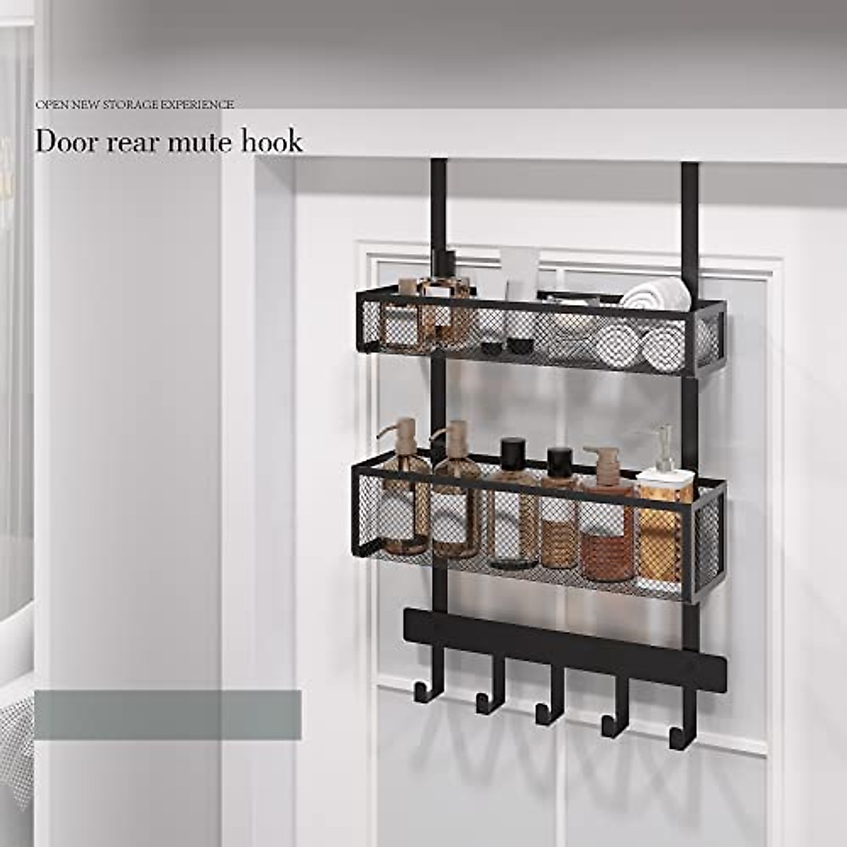 AMOOSON Over The Door Hooks Organizer Hanger, Coat Hooks Towel Rack with 2 Mesh Basket 5 Hooks Hanging Storage Spice Rack for Bathroom Bedroom Kitchen Over The Door Storage Organizer, Black