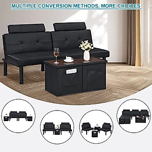 Small Faux Leather Futon Sofa Bed Adjustable Convertible Sleeper Sofa for Living Room, Apartment, Dorm w/Storage Ottoman Coffee Table Bench, Lumbar Pillows and Folding Recliner (Black Sofa Bed)