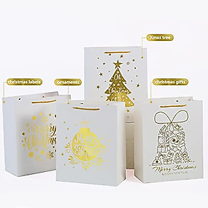 UNIQOOO 12Pcs Large White & Metallic Gold Foil Gift Bags, 4 Assorted Xmas Tree Snowflake Designs, Perfect for Christmas Thanksgiving New Year Party Favor