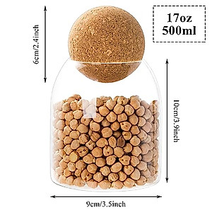 Suwimut 4 Pack Glass Storage Container with Ball Cork Lid, 500ml/17Oz Round Cork Glass Bottle, Small Candy Jar with Airtight Wood Ball Lid for Food, Coffee Bean, Sugar, Spice, Tea, DIY Decoration