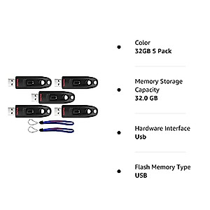 SanDisk 32GB (Five Pack) USB 3.0 Flash Ultra Memory Drive CZ48 - Bundle with (2) Everything But Stromboli Lanyard