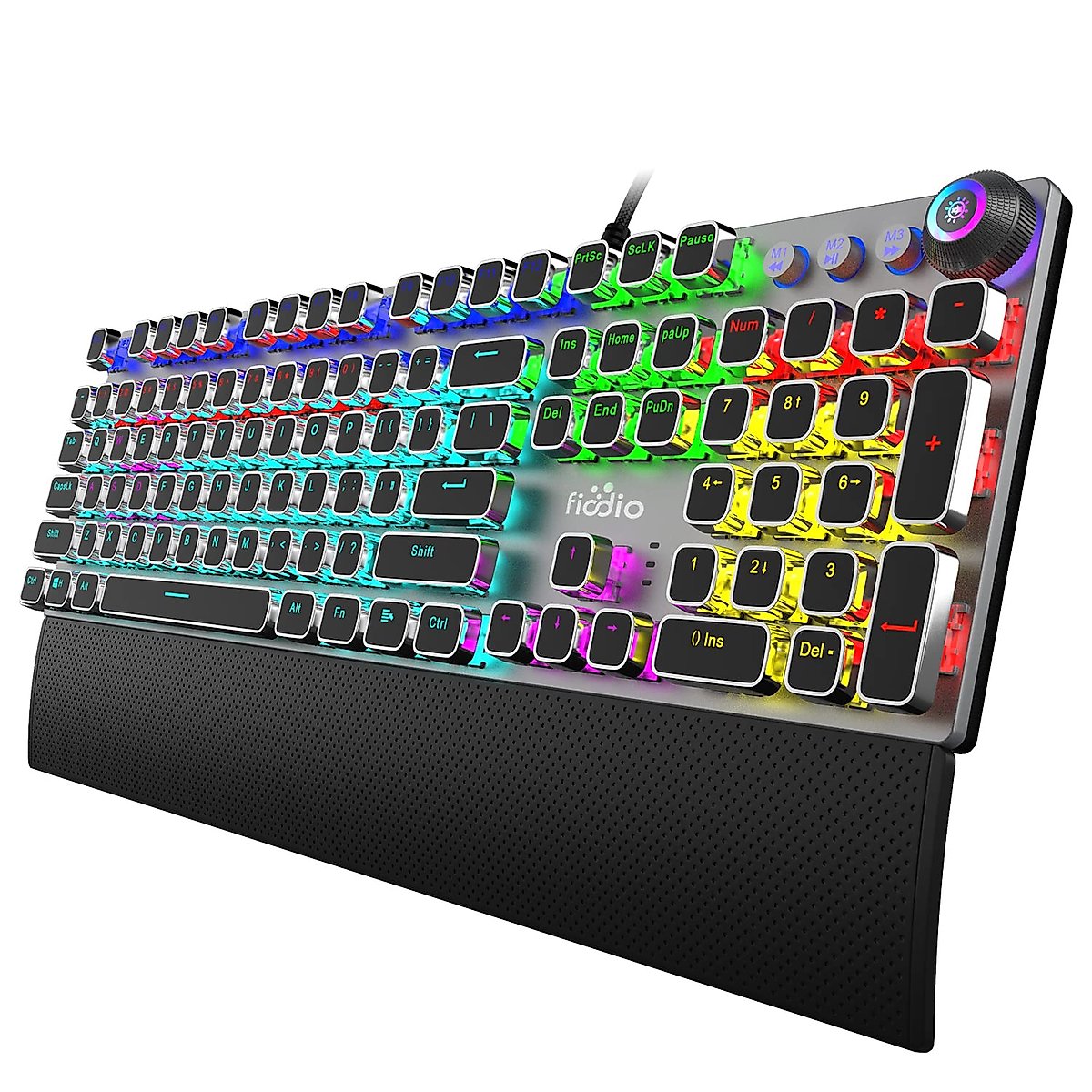 Fiodio Mechanical Gaming Keyboard, LED Rainbow Gaming Backlit, 104 Anti-ghosting Keys, Quick-Response Black Switches, Multimedia Control for PC and Desktop Computer, with Removable Hand Rest