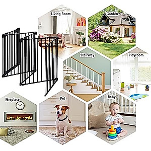 Costzon Baby Safety Gate, 121 Inch Length 5 Panel Adjustable Wide Fireplace Fence, BBQ Metal Fire Screen Gate, Pet Isolation Fence with Walk-Through Door, Freestanding Pets Gate (Black, 5-Panel)
