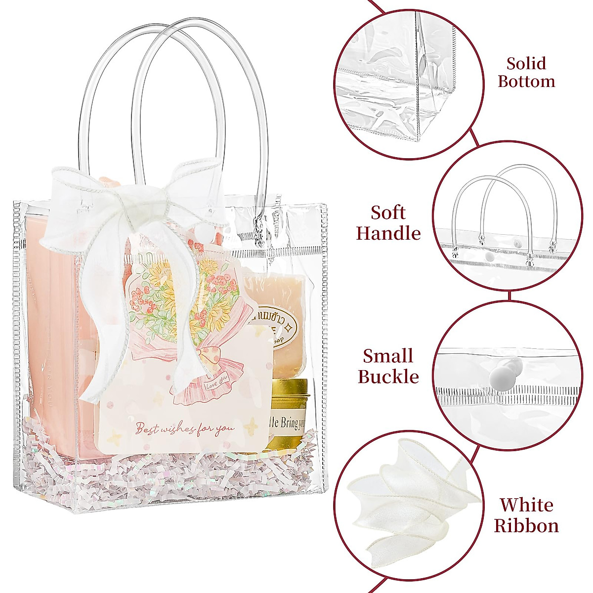 Jutieuo 16 Pack Clear Plastic Gift Bags with Handle, 6.3" x 5.9" x 2.76", Reusable Transparent PVC Gift Wrap Tote Bags with Ribbons for Wedding, Baby Shower, Birthday Party Favor Bags